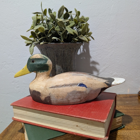 Art | Handcrafted Wooden Duck Figurine Mallard Green And Yellow | Poshmark